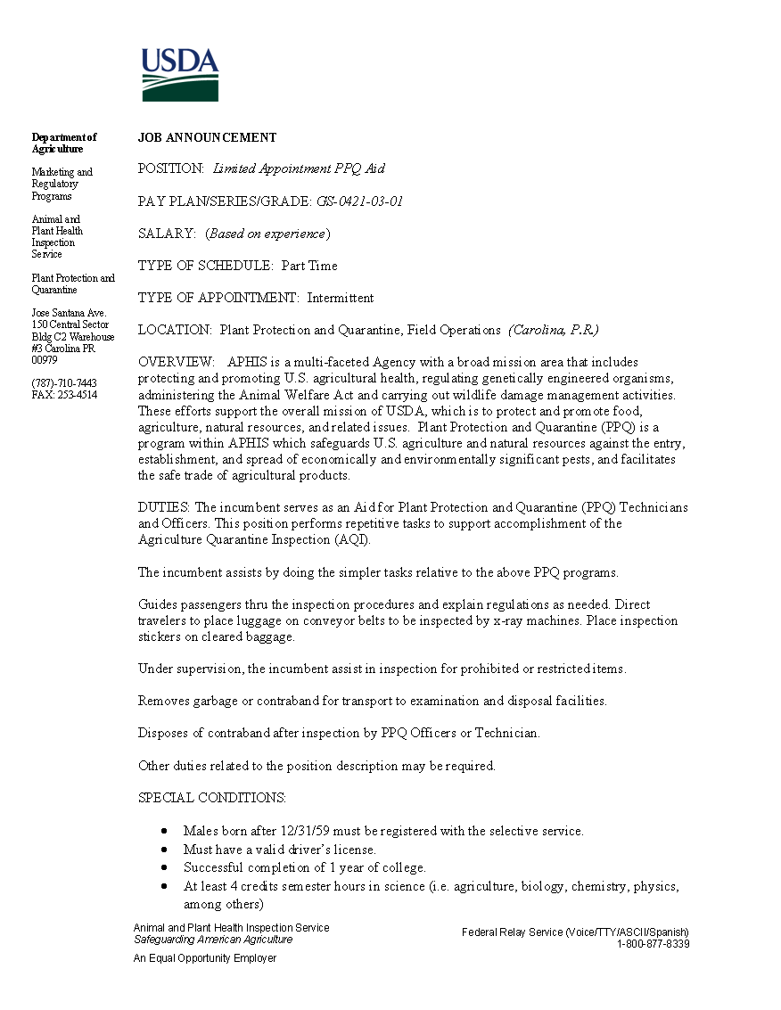 PPQ Technician en USDA-APHIS – Ciencias Agroambientales