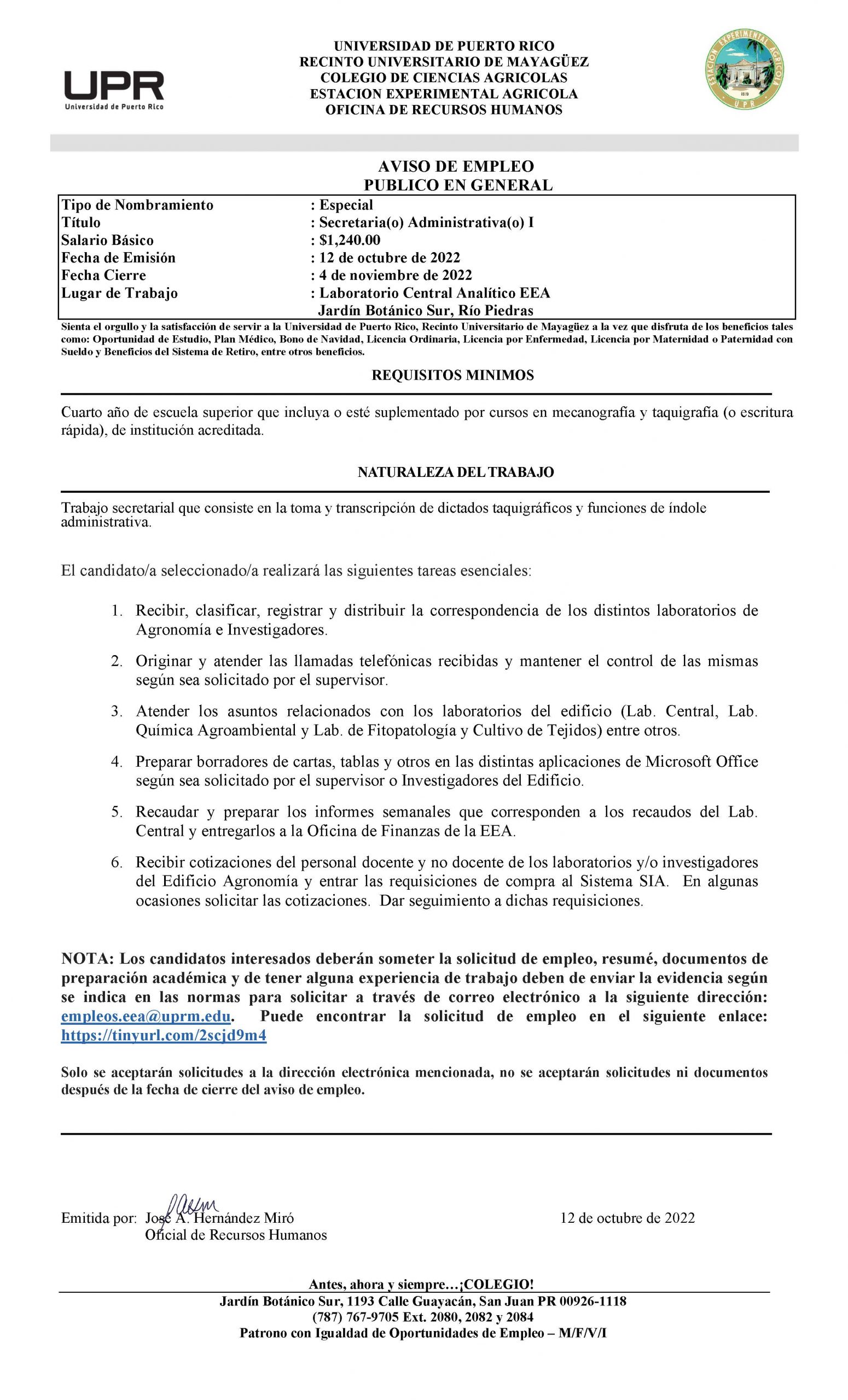 Aviso de Empleo Secretaria(o) Administrativo(o) I Laboratorio Central ...